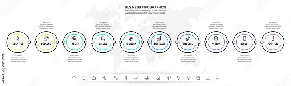 Business vector infographics with ten circles. Hand drawn timeline ...