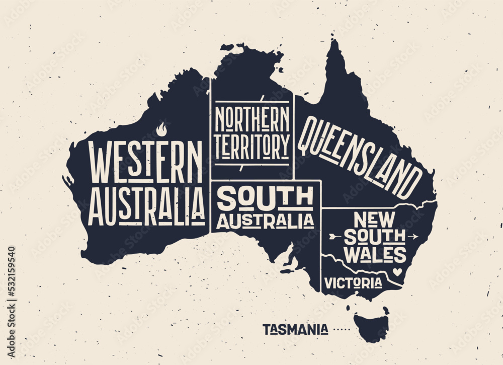 Map Australia. Poster map of Australia. Black and white print of ...