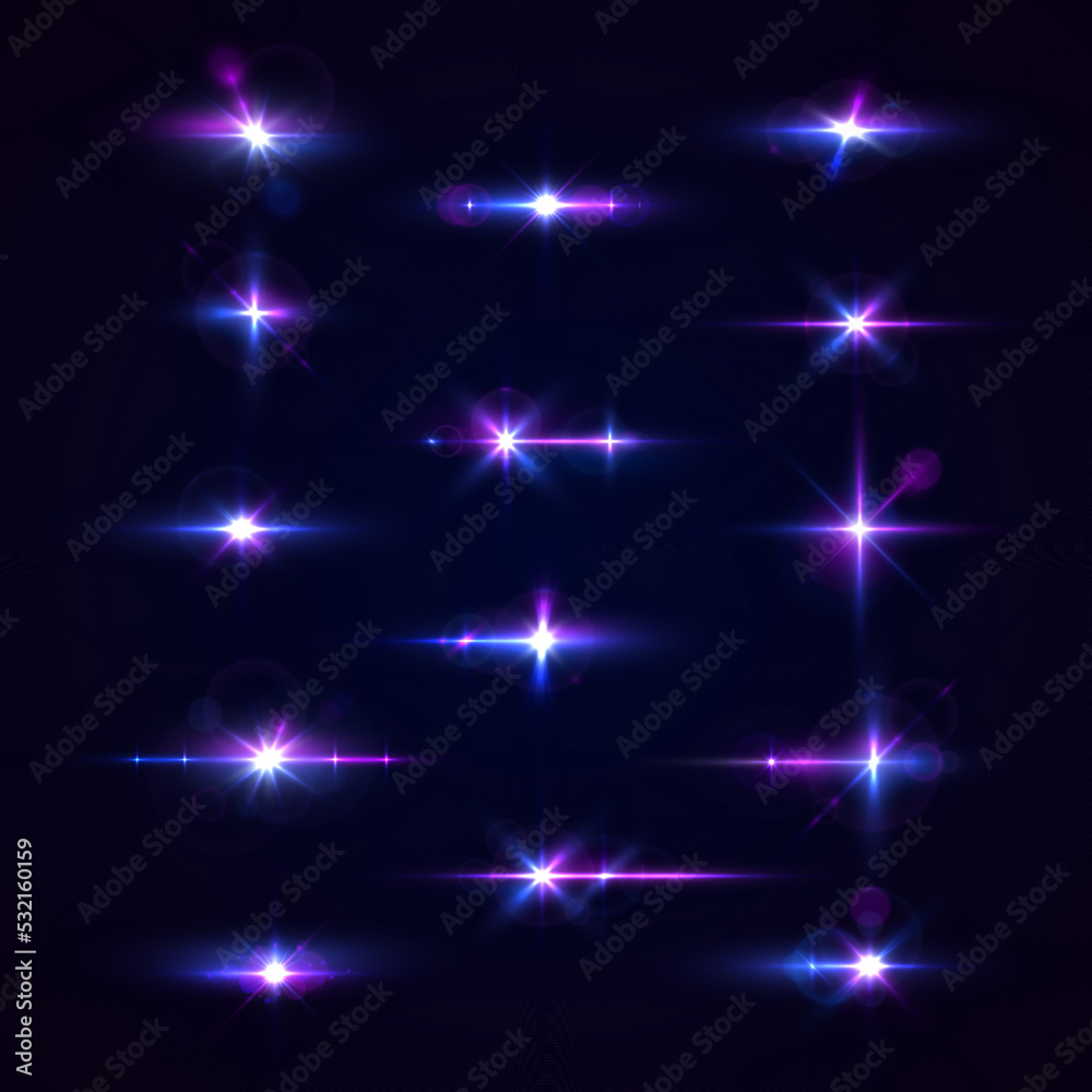 Purple lights star, sun rays, violet sparks sparkle. Blue glow star ...