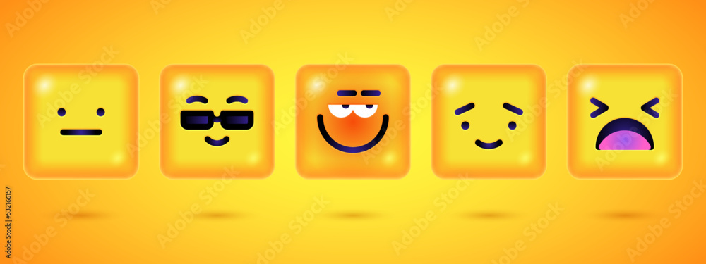 Square Emoticons set. Yellow Emoji faces emoticon smile, digital smiley ...