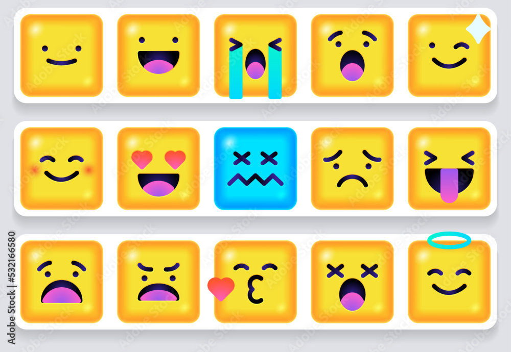 Square Emoticons set. Yellow Emoji faces emoticon smile, digital smiley ...