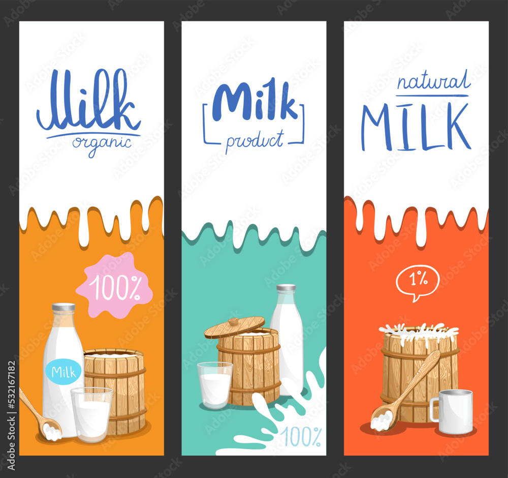 Milk products vertical flyer set. Natural organic dairy product banner ...