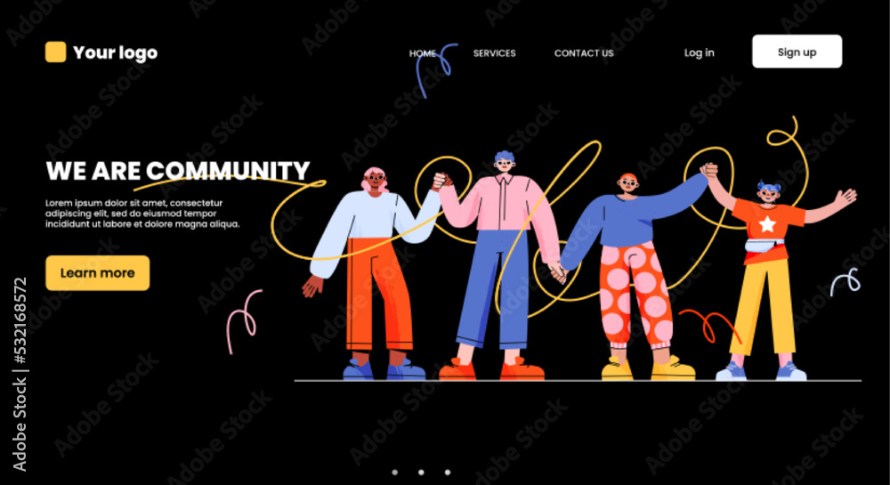 We are community landing page. Happy people holding hands together ...