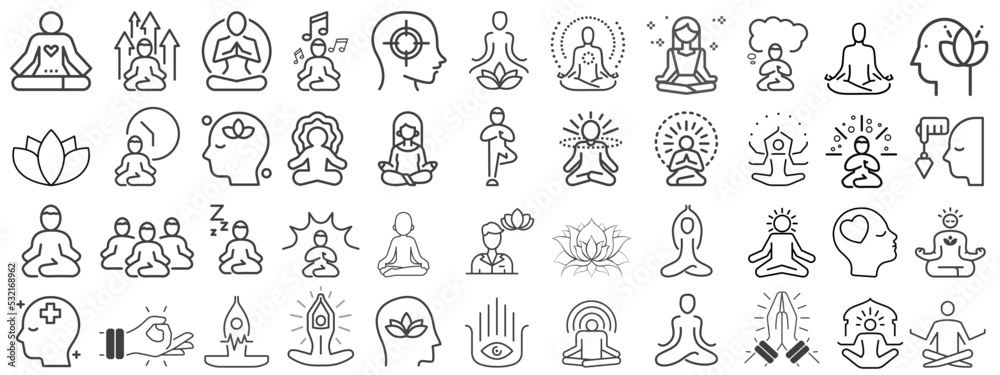 Meditation and spiritual practices icon collection. line icons of ...