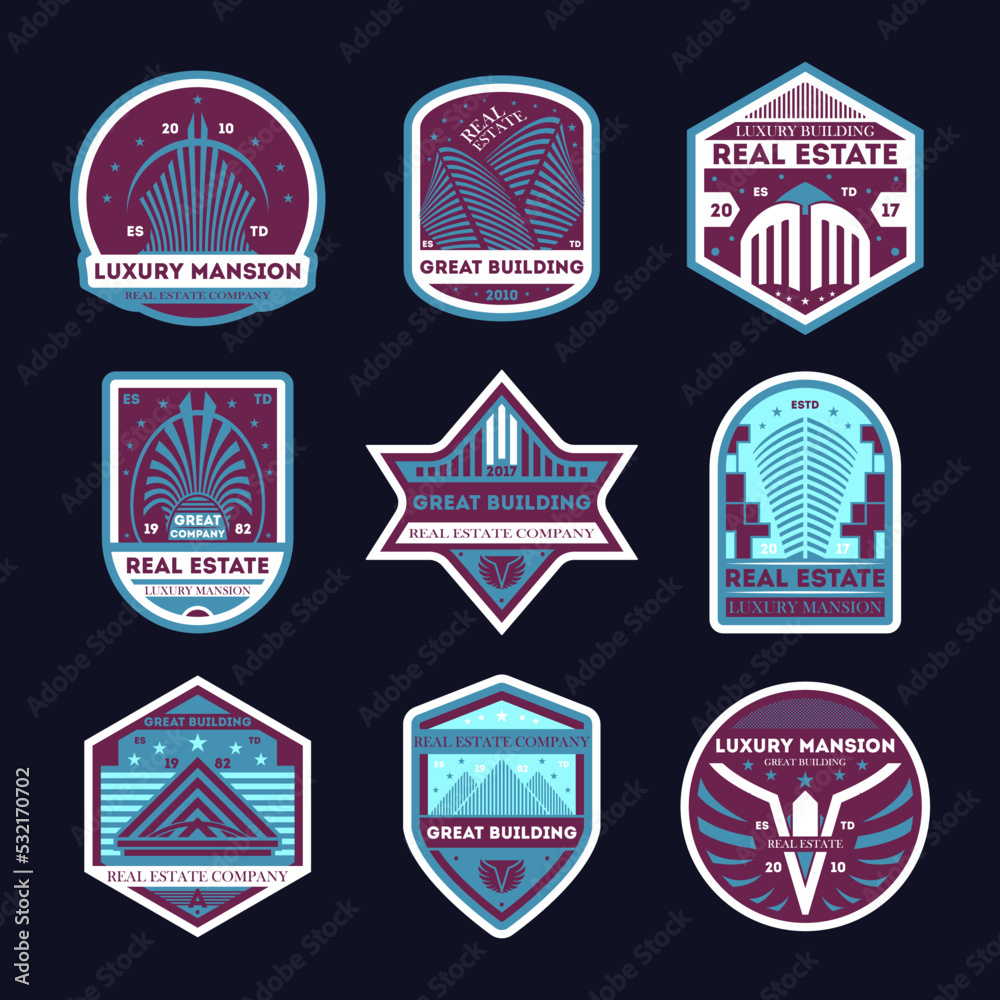 Luxury mansion retro isolated label set. Real estate vintage badge ...