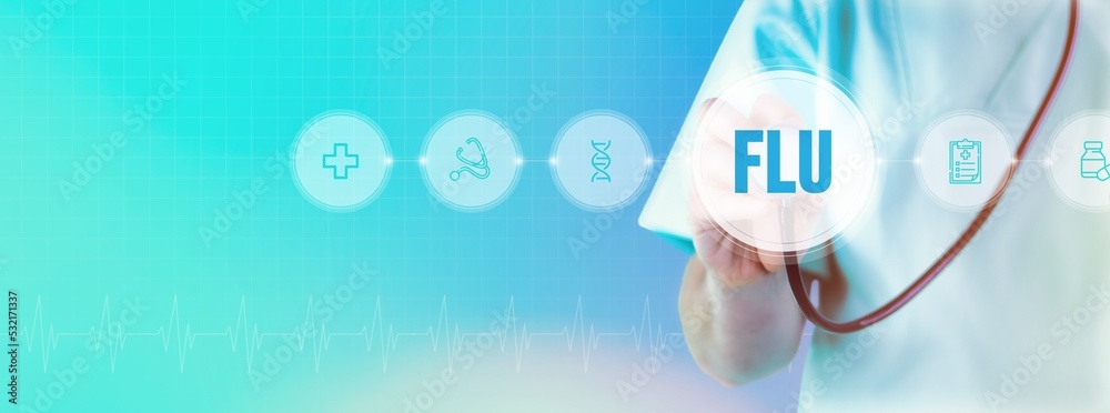 Flu (influenca). Doctor with stethoscope in focus. Icons and text on a ...