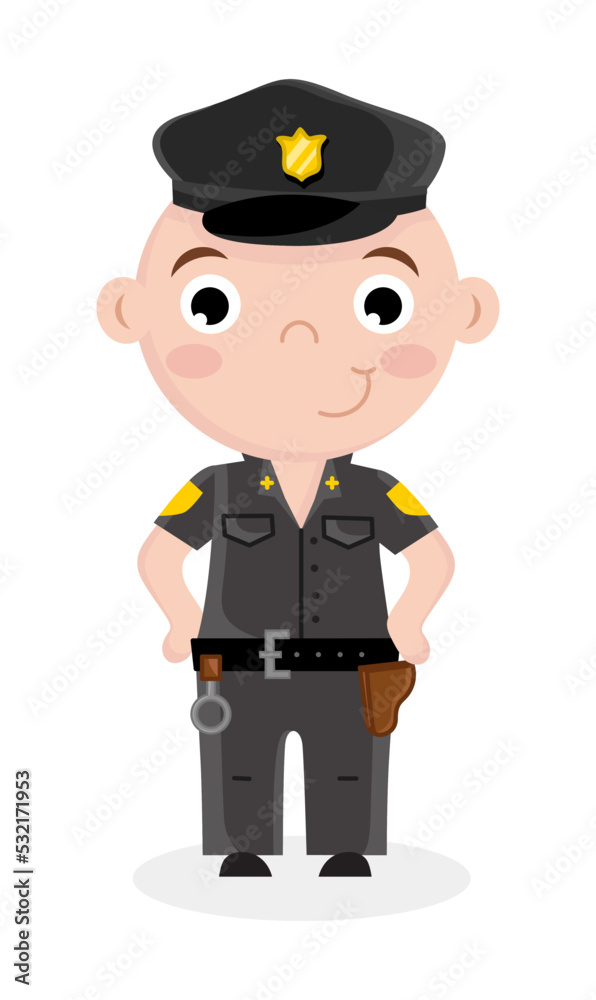 Smiling little boy in police officer uniform. Professional occupation ...