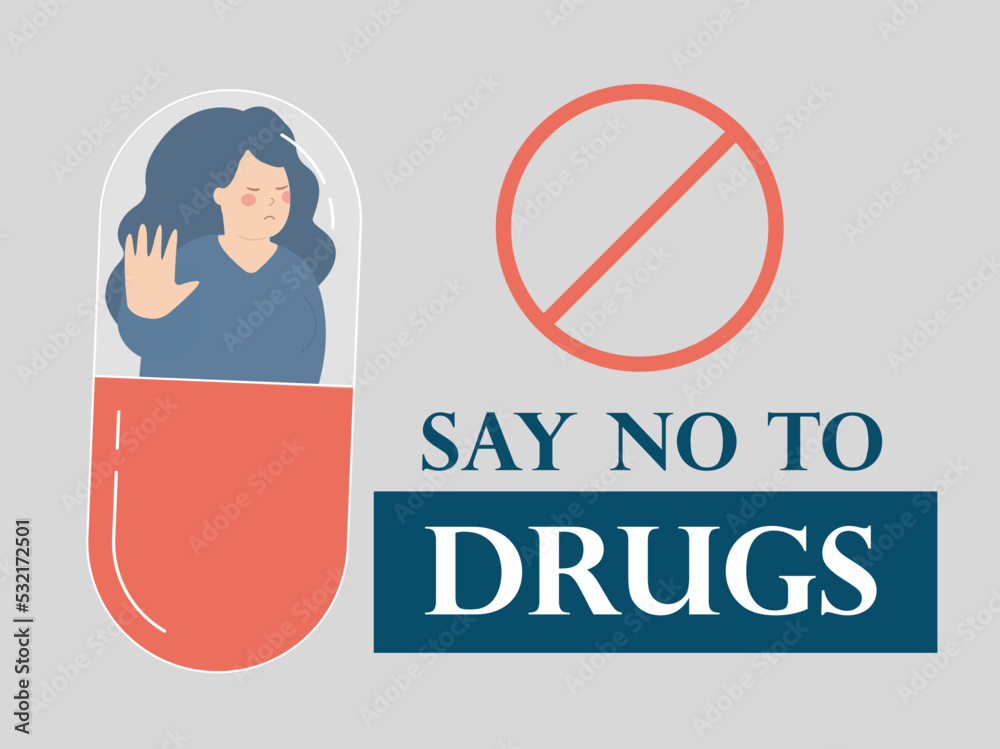 Say no to drugs. Background poster of a woman inside a pill or capsule ...