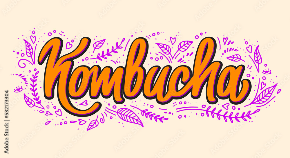 Kombucha vector hand written lettering, original calligraphy. Healthy ...