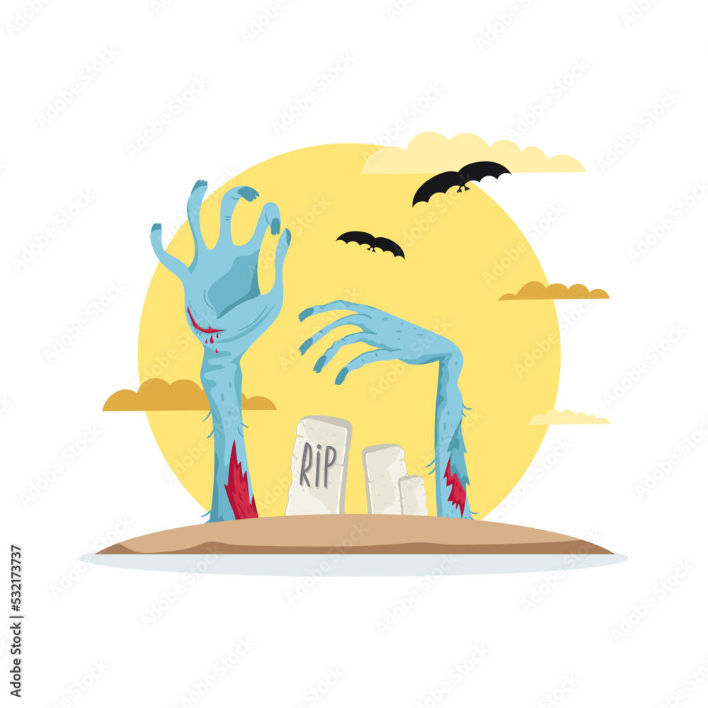 Zombies hands in graveyard icon in cartoon style. Zombie hand sticking ...