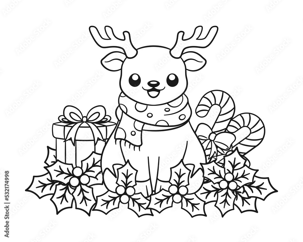 Reindeer with mistletoe, candy cane and gift box outline line art ...
