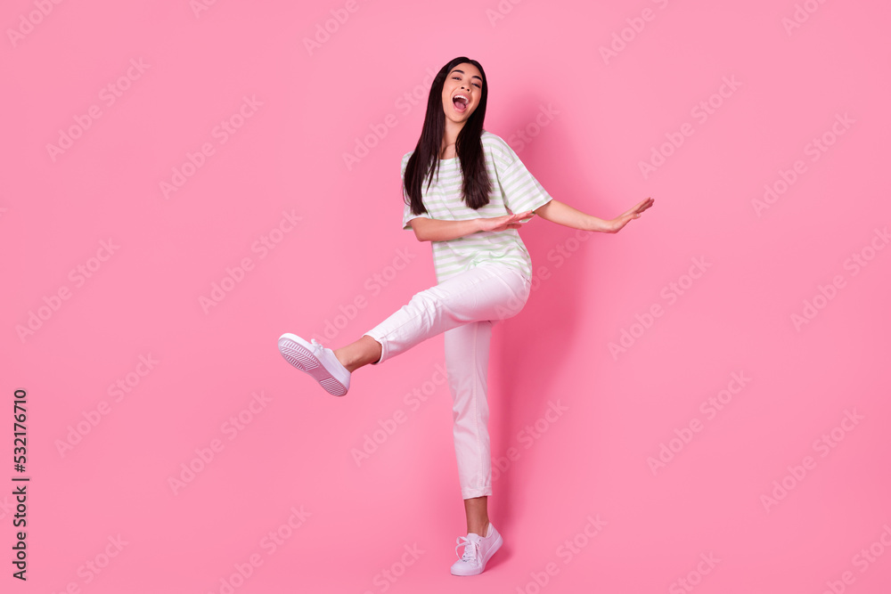 Full size photo of active lady dancing on spring festive disco ...