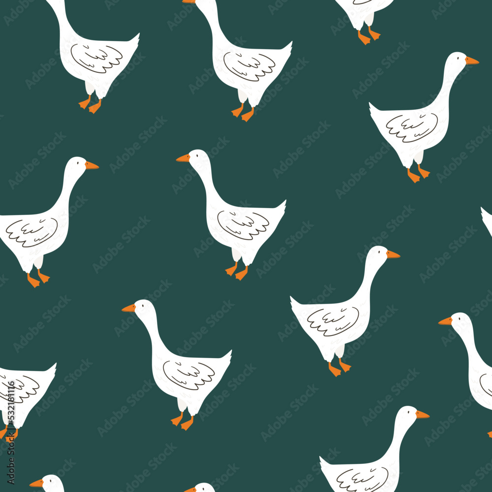 Pattern with cute goose on green background. Vector illustration in ...