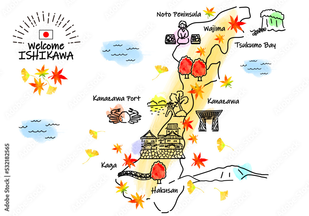 Vetor de 秋の石川県の観光地のシンプル線画イラストマップ do Stock | Adobe Stock
