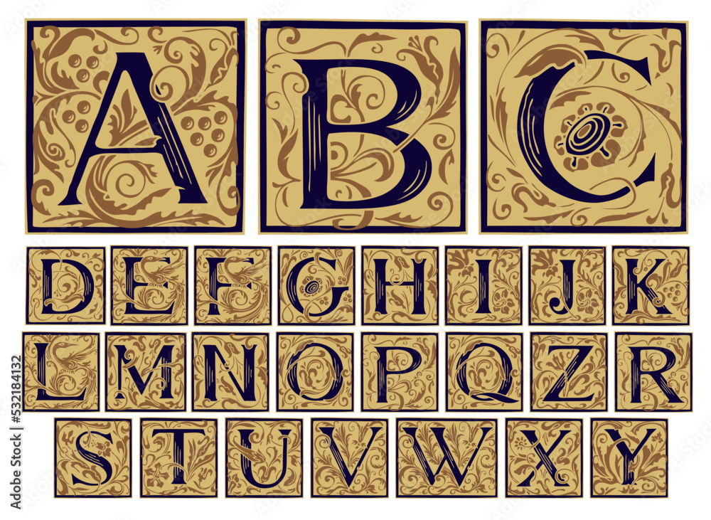 Vintage Alphabet, vector set of hand-drawn ornate initial alphabet ...