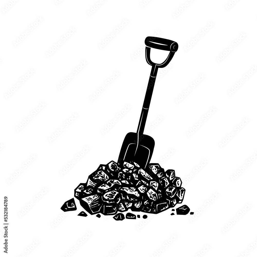 .Shovel in a pile of coal. Hand draw vector illustration. Isolated ...