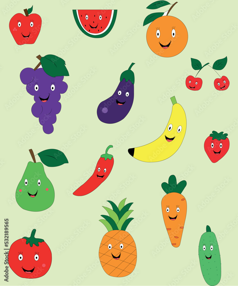 vector set of fruits, clipart for kids with kawaii face, cartoon ...