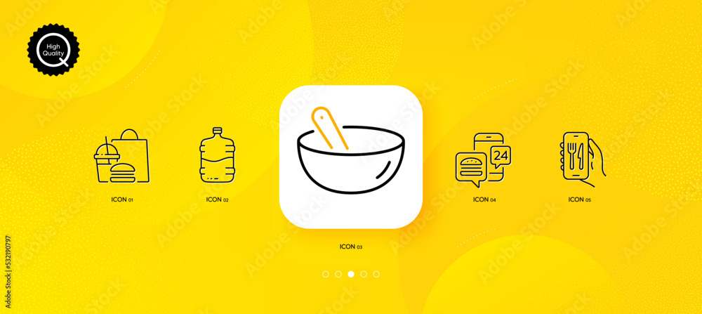 Cooking mix, Food app and Cooler bottle minimal line icons. Yellow ...