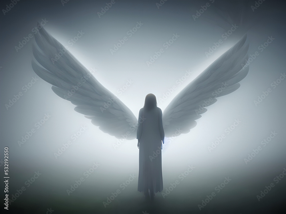computer illustration of white female angel with wings in fog and ...