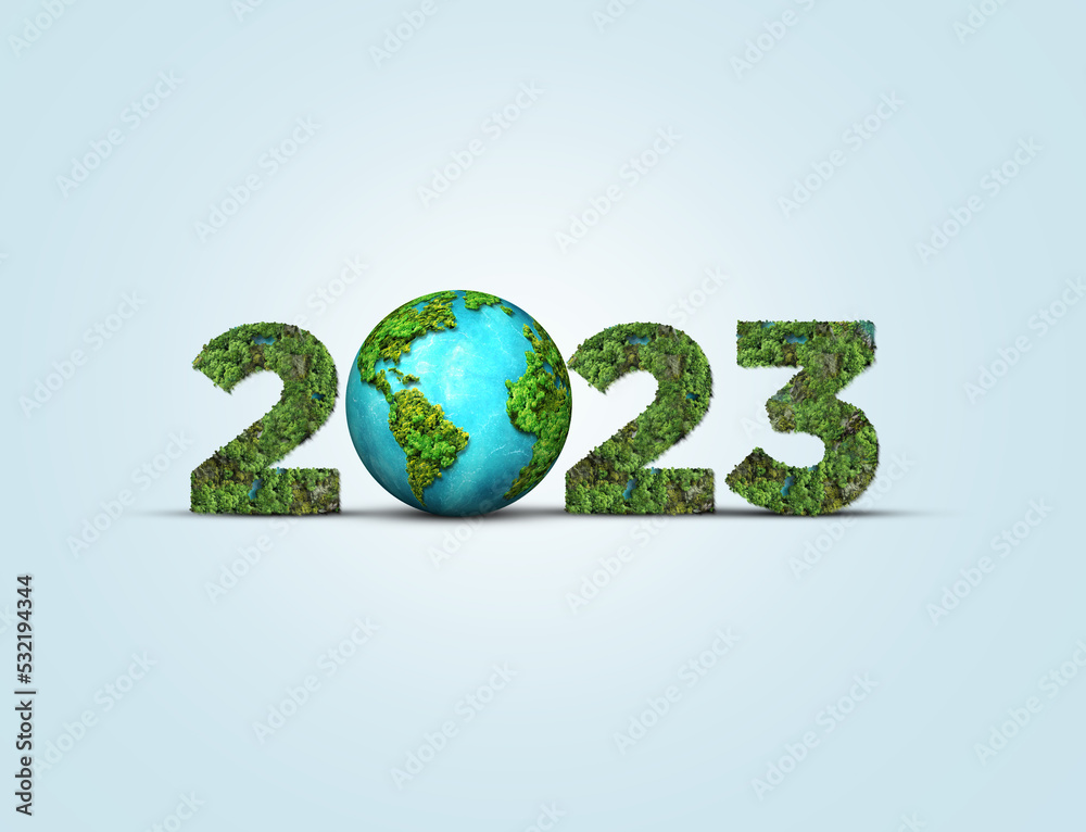 Ilustrace „Green earth 2023. New Year 2023 green recycling and save our planet and earth ...