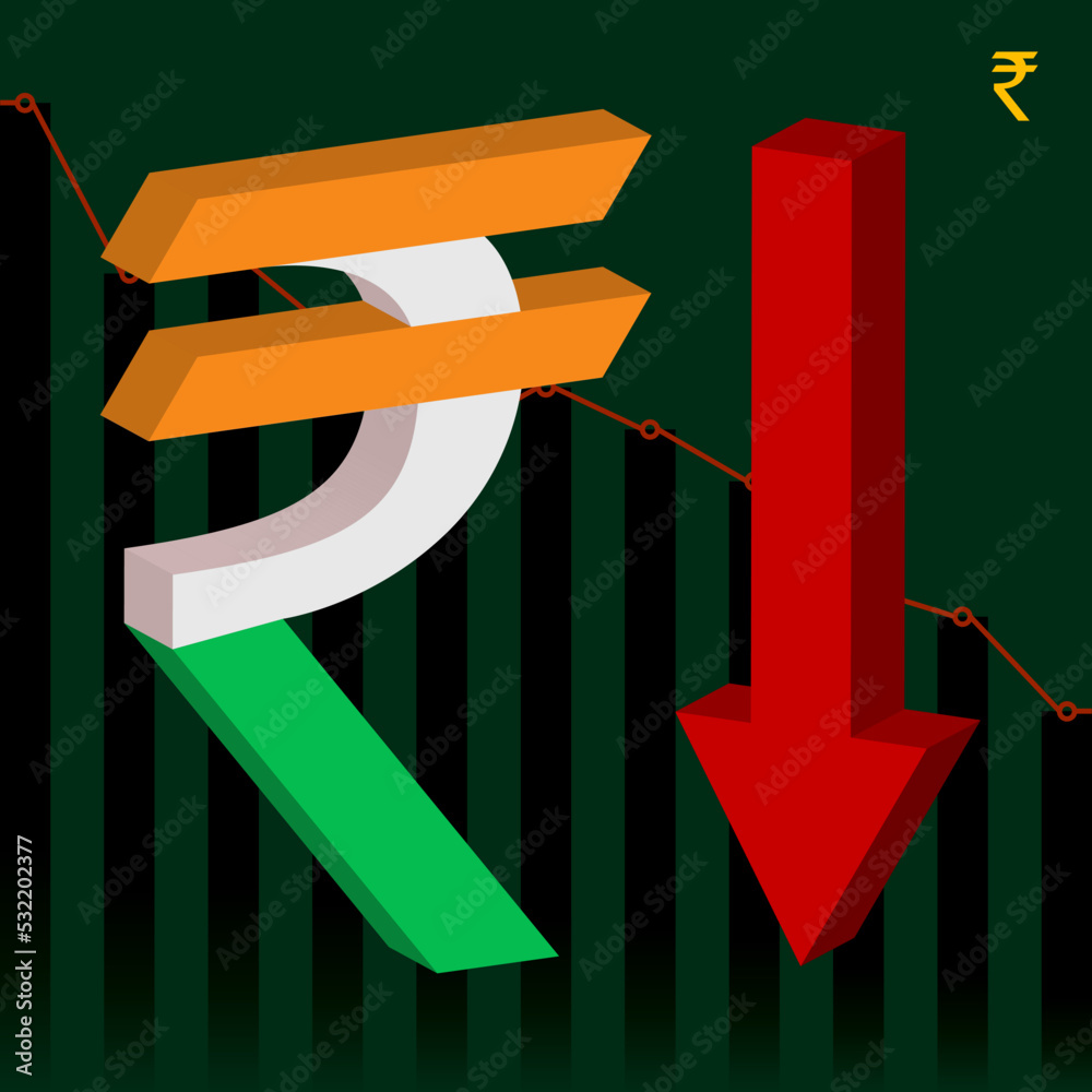 falling rupee india currency 3d symbol with statistical graph ...