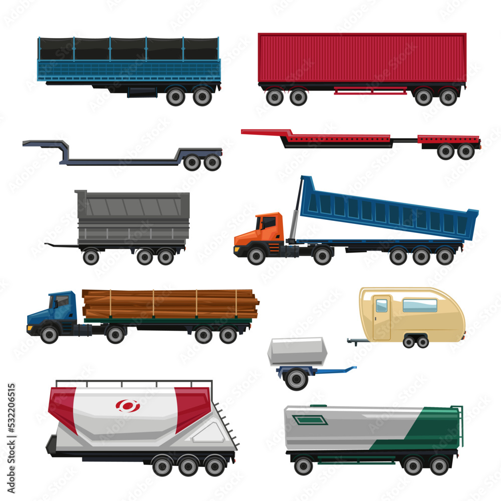 Different types of trailers cartoon illustration set. Truck, heavy duty ...