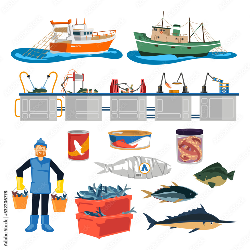 Fishing industry cartoon illustration set. Fisherman, canned fish ...
