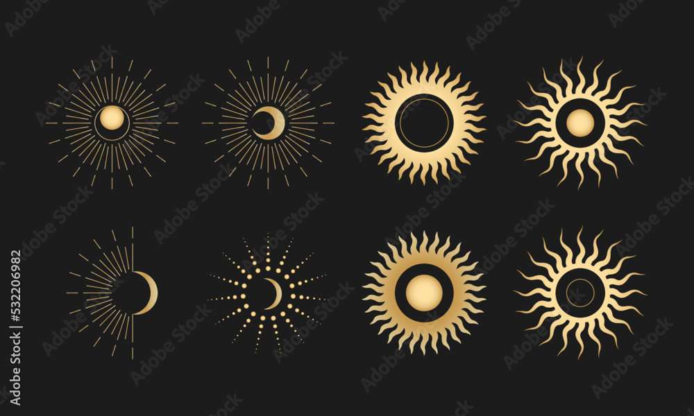 Circle pattern set with clouds, moon, sun, stars. The sun, moon phases ...