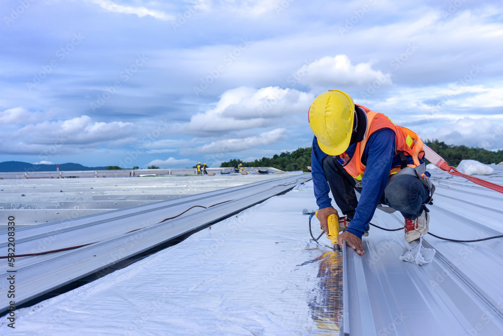 Worker wearing safety harness for installation metal roof sheet and ...