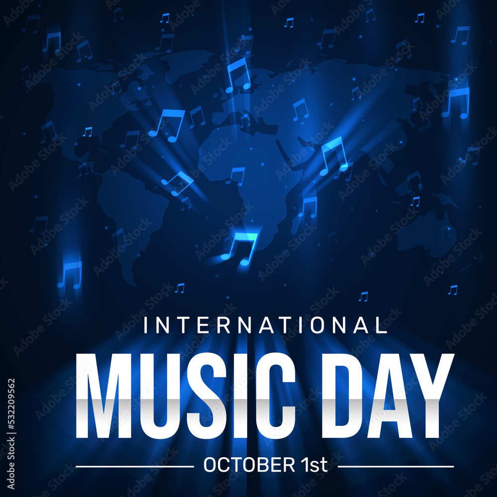 International Day of Music Abstract Background with flying and glowing ...