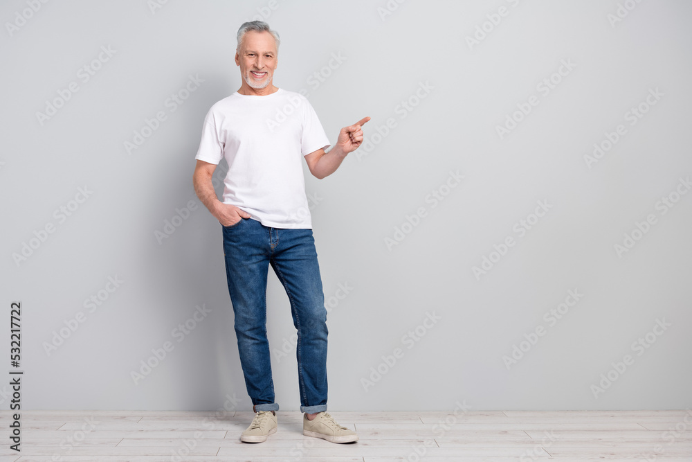 Full length body size view of attractive cheery gray haired man ...