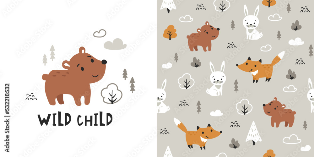 Animal pattern for kids with cute bear, fox and bunny. Nursery print ...