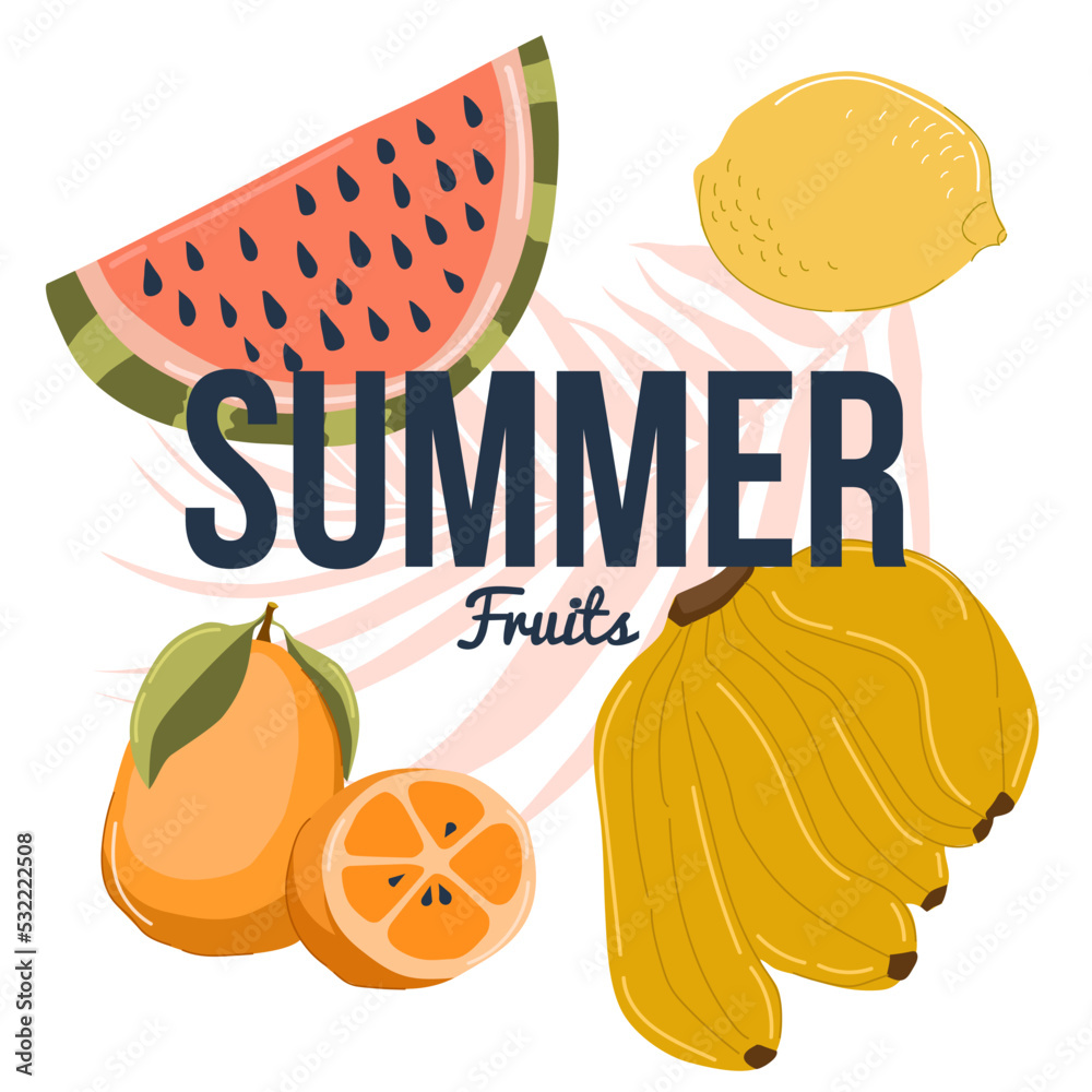 Tropical summer fruits set. Palm branch with watermelon, bananas ...