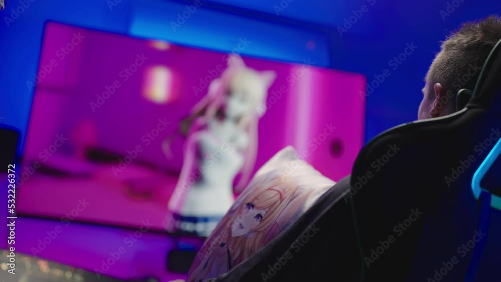 Man watch anime tv show while hug dakimakura hug pillow anime girl on ...