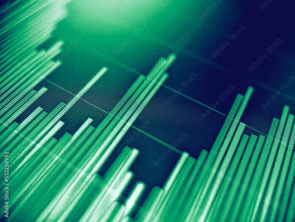 Data information graph with green bar chart displayed on a pixelated ...
