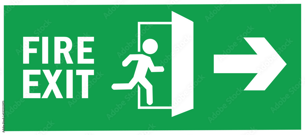 emergency fire exit sign. running man icon to door. green color. arrow ...