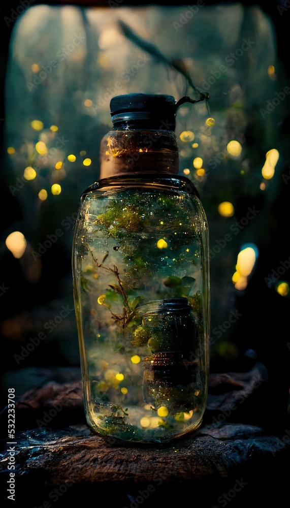Digitally created artwork of a lively landscape wit fireflies inside a ...