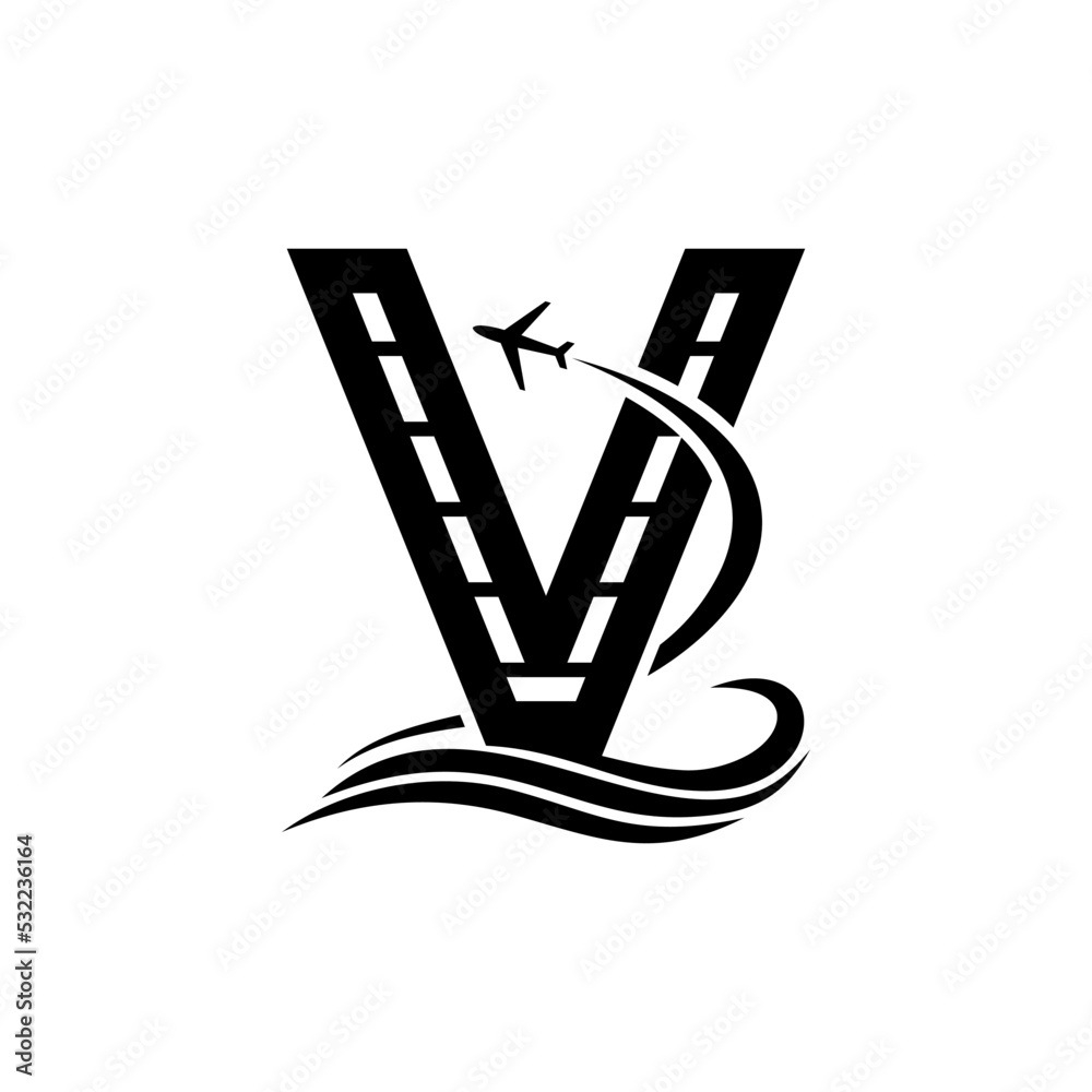alphabet illustration of letter V with road, airport, sea, waves ...