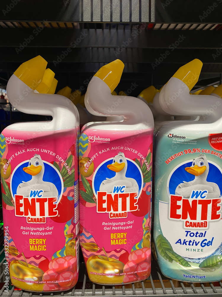 Rheinbach, Germany 10 March 2021, Several bottles of "WC Ente" from SC ...