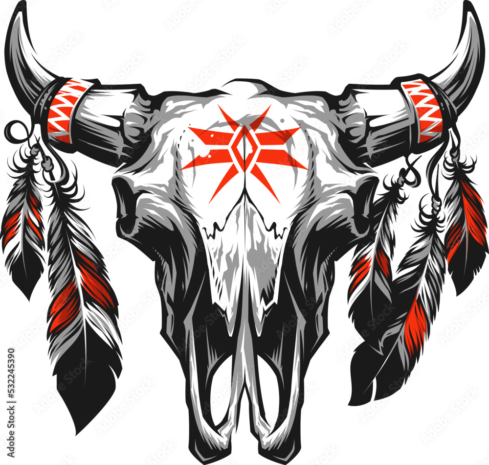 Native American bull skull with feathers Stock Vector | Adobe Stock