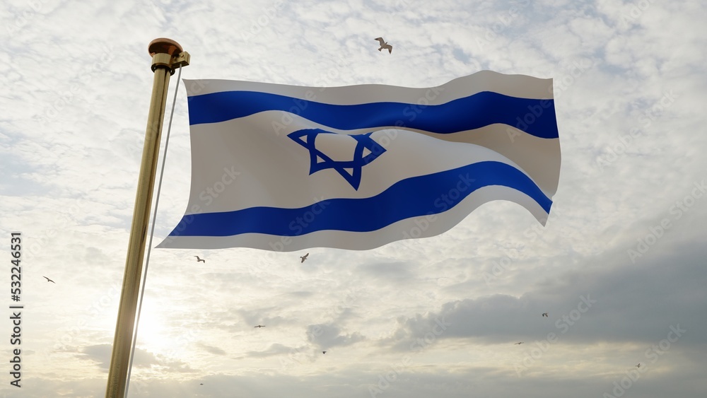 Flag of israel waving in the wind, sky and sun background. israel Flag ...