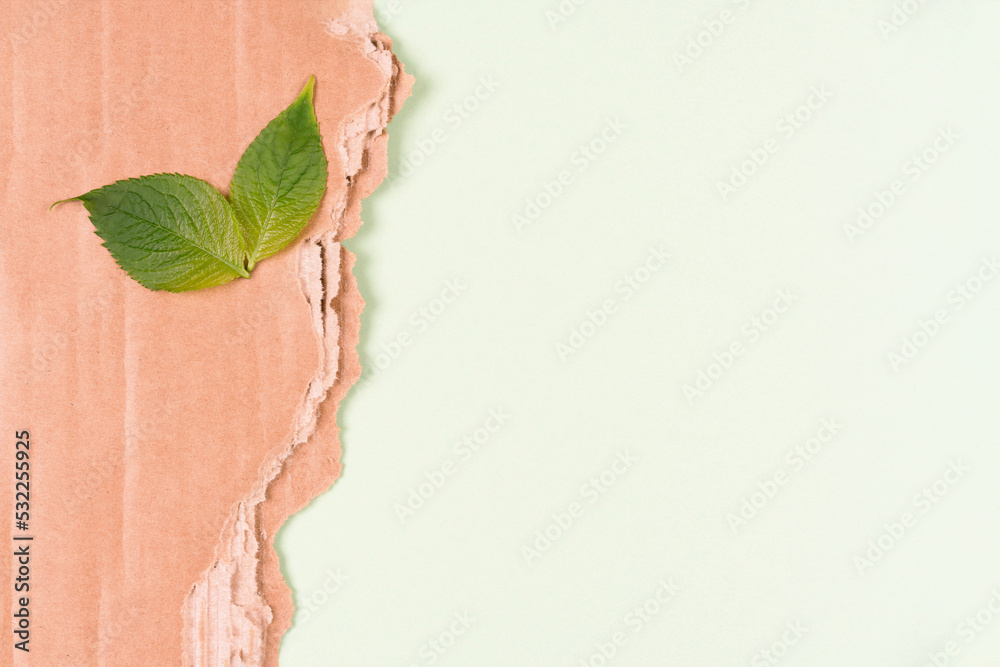 Corrugated cardboard over light green background as eco background for ...