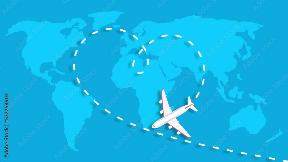 Video animation with white plane flying on the world's map leaving a ...