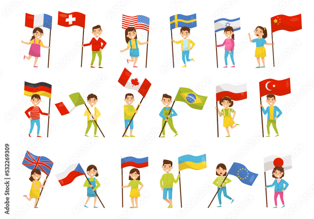 Children with National Flags of Different Countries Waving on Pole Big ...