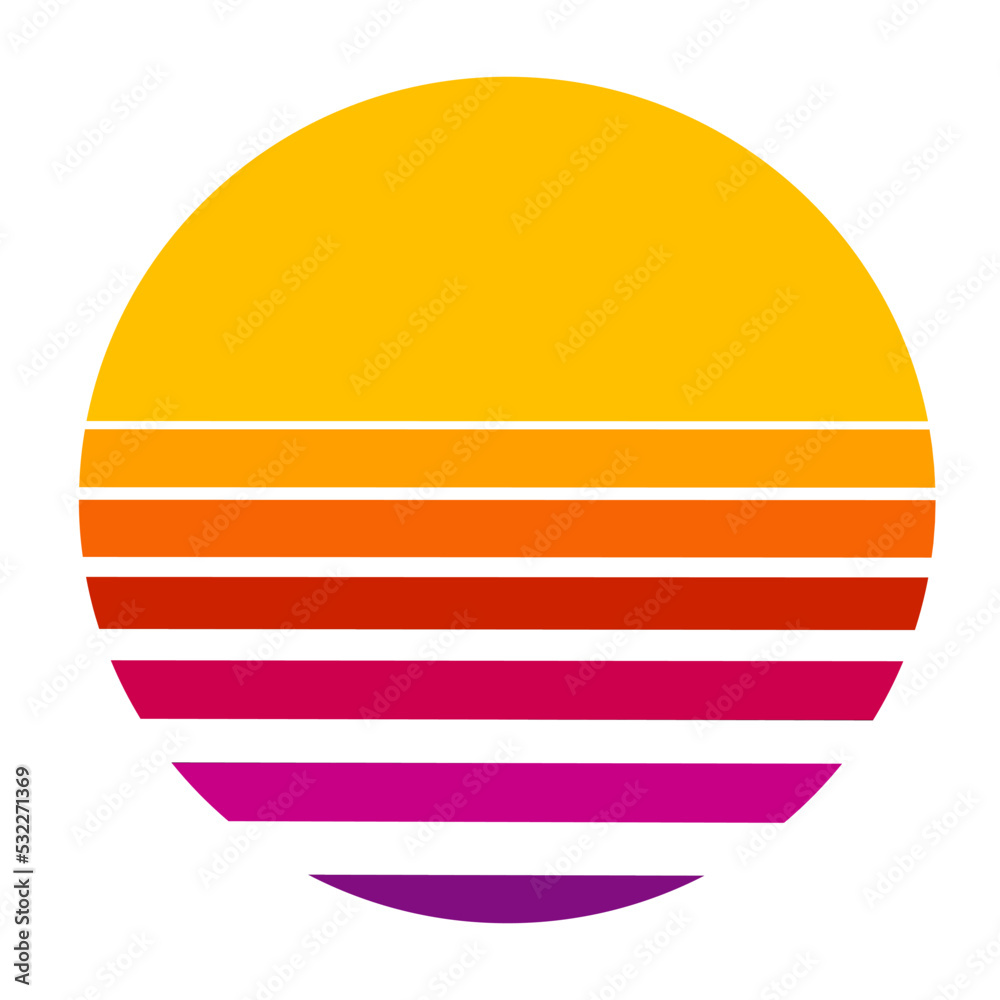 Retro sunset or sunrise circle with gradient neon color. Retrowave style sunset scene. Scene in ...