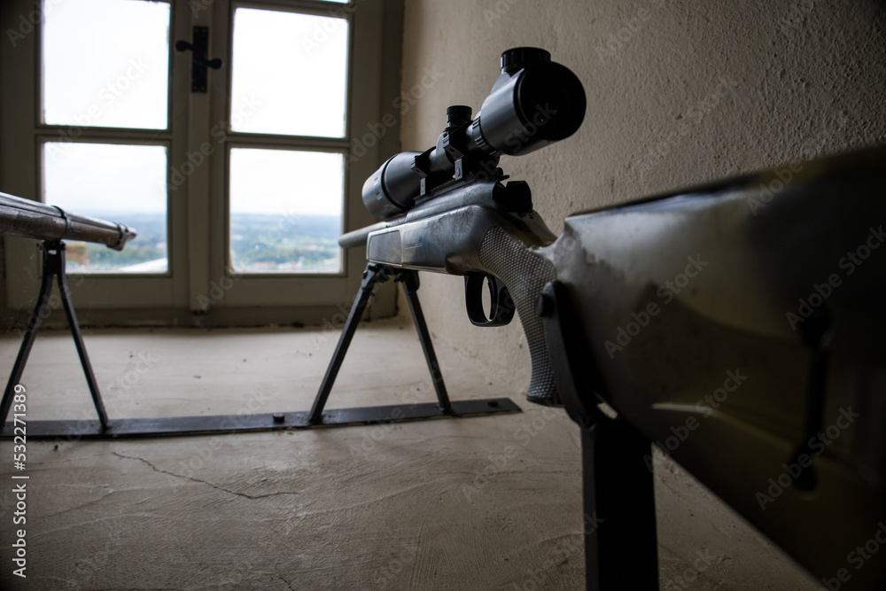 Old weapons in a museum in Austria. Old gun in the museum. New sniper ...