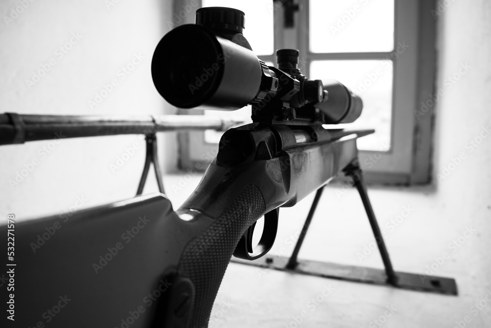Old weapons in a museum in Austria. Old gun in the museum. New sniper ...
