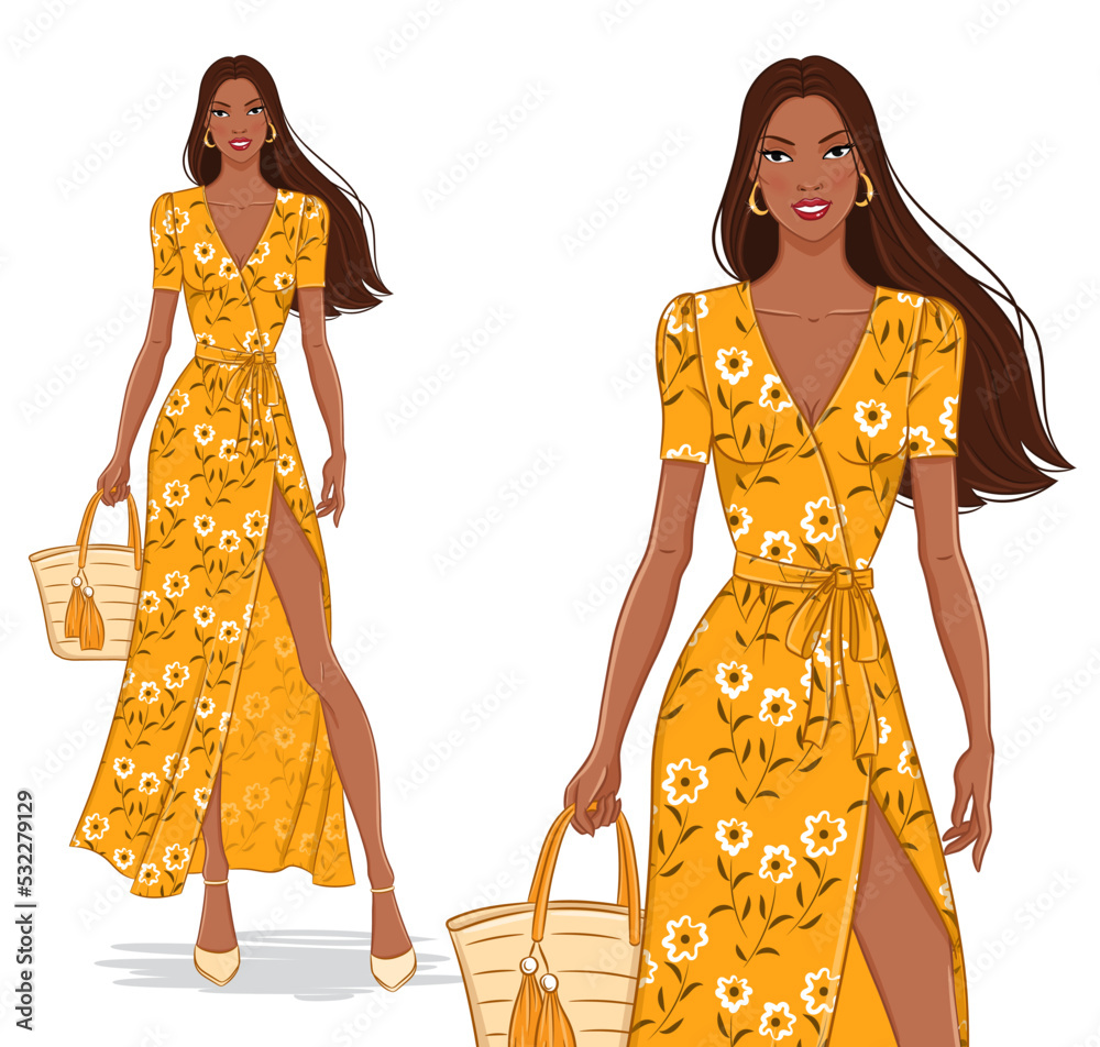 Vector fashion illustration of a beautiful young black woman in a ...