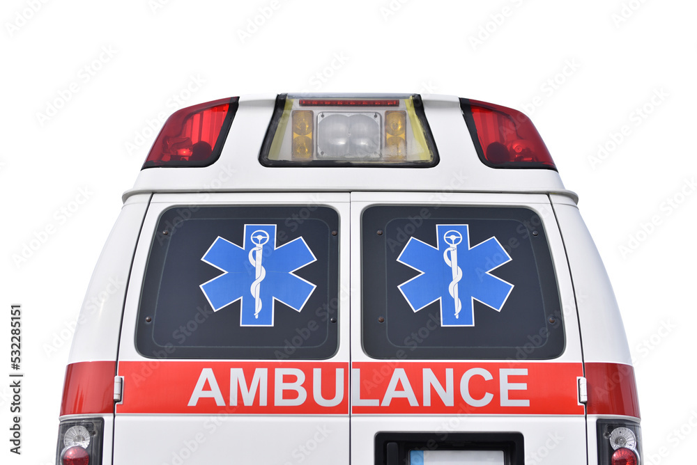 Rear of ambulance vehicle with symbol of Rod of Asclepius Stock Photo ...