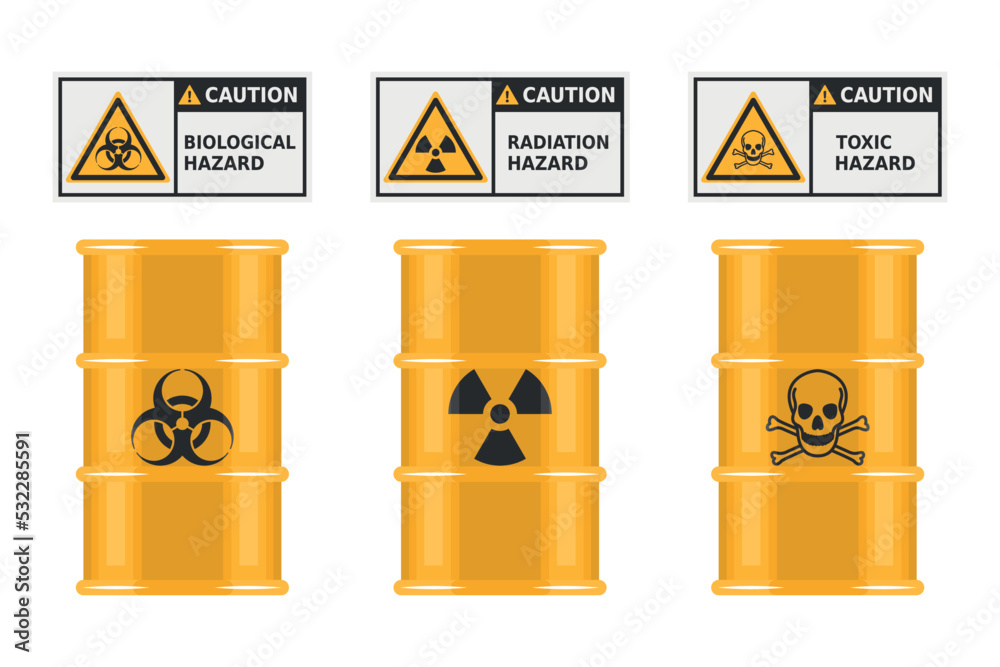 Sign and hazard pictograms. Barrel of toxic, radioactive and biological ...